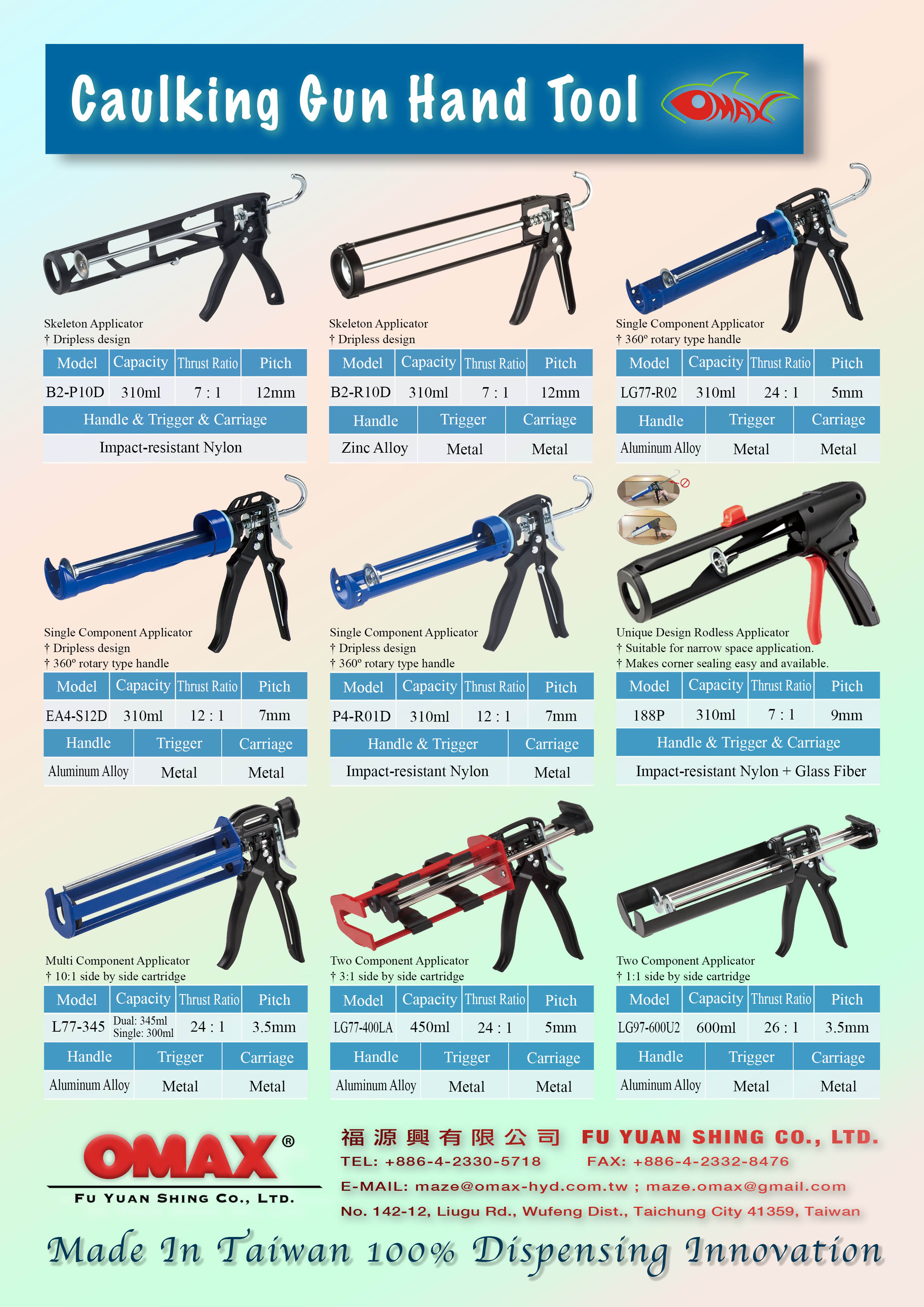 Silicone Caulking Gun 矽膠槍，手工具 ; Skeleton Applicator ; Single Component ...