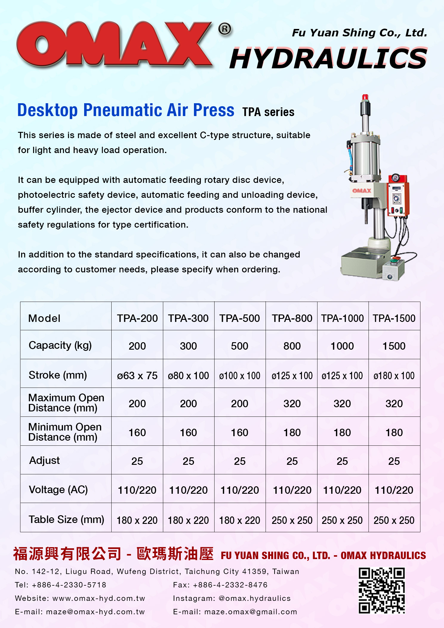 TPA Pneumatic Press 200~1000kg - OMAX Hydraulics Industrial