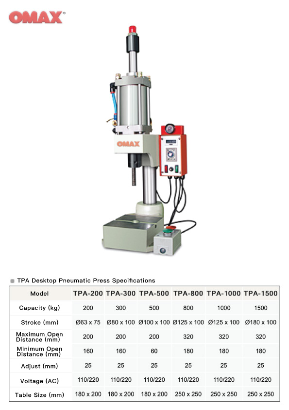 TPA Pneumatic Press 200~1000kg - OMAX Hydraulics Industrial